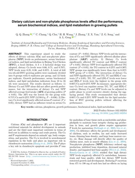 Pdf Dietary Calcium And Non Phytate Phosphorus Levels Affect The Performance Serum