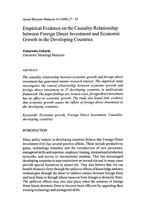 Pdf Empirical Evidence On The Causality Relationship Between Foreign Direct Investment And