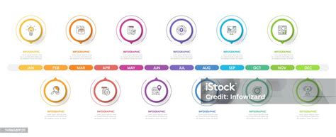 인포그래픽 12단계 로드맵 개념이 포함된 월간 현대 타임라인 다이어그램 벡터 인포그래픽 12에 대한 스톡 벡터 아트 및 기타