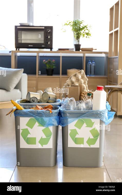 Containers With Different Types Of Garbage Indoors Stock Photo Alamy