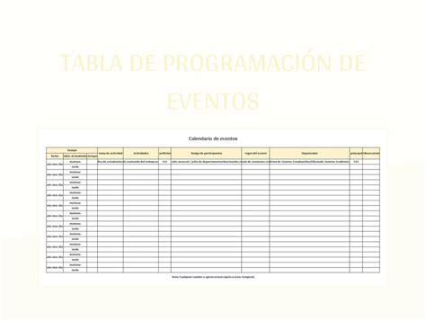 Plantilla de Formato Excel Tabla De Programación De Eventos y Hoja de Cálculo de Google para