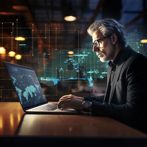 Premium Photo Data Scientist Programmer Using Laptop Analyzing Financial Data On Futuristic