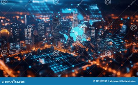 Aerial View Of A Futuristic City Skyline Illuminated With Digital Data