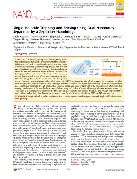 Pdf Single Molecule Trapping And Sensing Using Dual Nanopores Separated By A Zeptoliter Nanobridge