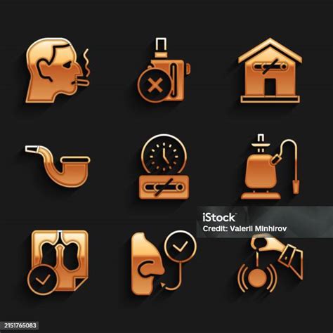 금연 시간 건강한 호흡 최면 물 담뱃대 폐 엑스레이 진단 파이프 가정 및 남자 담배 아이콘을 설정합니다 벡터 강렬하고 밝은