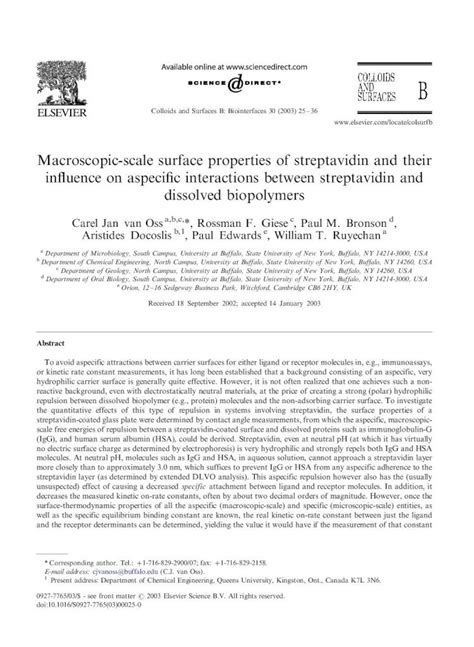 Pdf Macroscopic Scale Surface Properties Of Streptavidin And Their