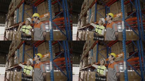 专业的女经理和男科长戴着安全帽，通过数字平板电脑上的应用程序交谈并检查库存，零售仓库里堆满了货架，配 视频素材下载