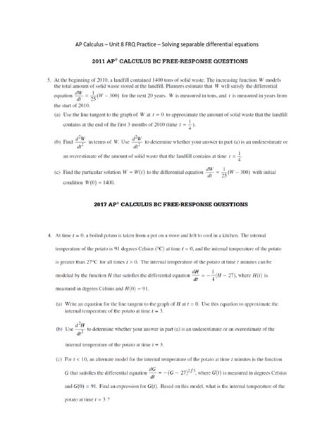 Practice Frqs Solving Separable Differential Equations Pdf