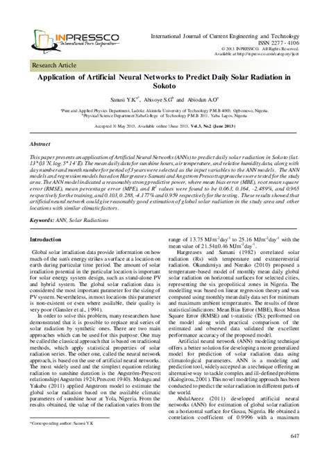 Pdf Application Of Artificial Neural Networks To Predict Daily Solar