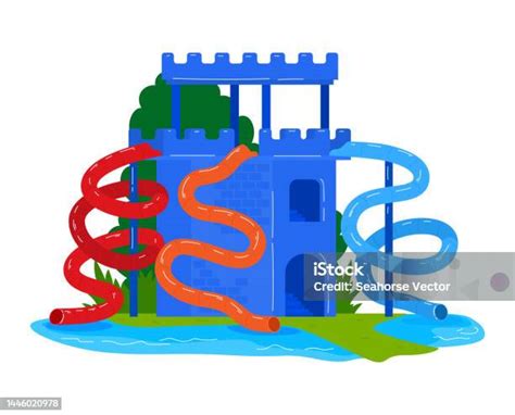 캐슬 슬라이드 야외 워터 파크 벡터 일러스트에서 재미있는 활동 만화 여름 휴가 레저 놀이를위한 수영장 디자인 아쿠아파크에서의 레크리에이션 공기 주입에 대한 스톡 벡터 아트