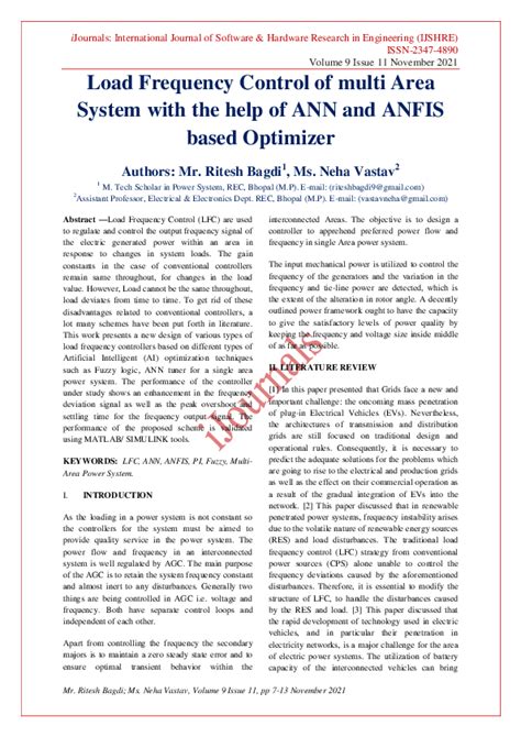 pdf load frequency control of multi area system with the help of ann
