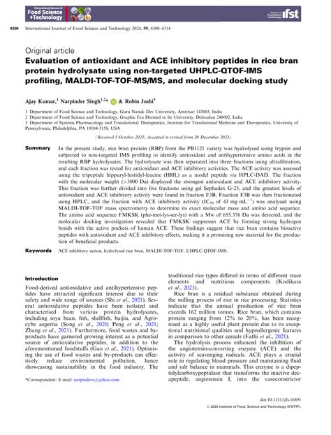 Evaluation Of Antioxidant And Ace Inhibitory Peptides In Rice Bran Protein Hydrolysate Using Non