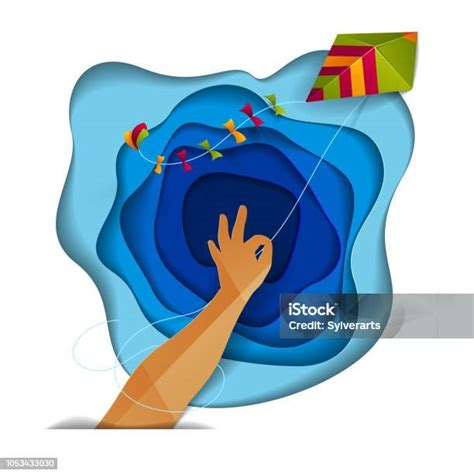 블루 레이어 하늘 자유와 분명히 감정적인 개념의 추상 곡선 모양에 손을 잡고 연 벡터 현대적인 스타일 종이 3d 일러스트 컷 3차원 형태에 대한 스톡 벡터 아트 및 기타