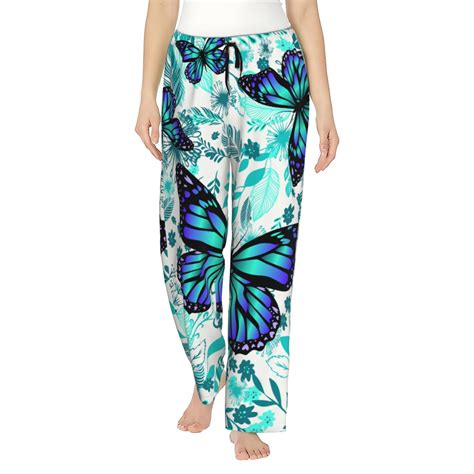 Daiia Blue Floral With Butterflies Womens Sleep Pant With Pockets And