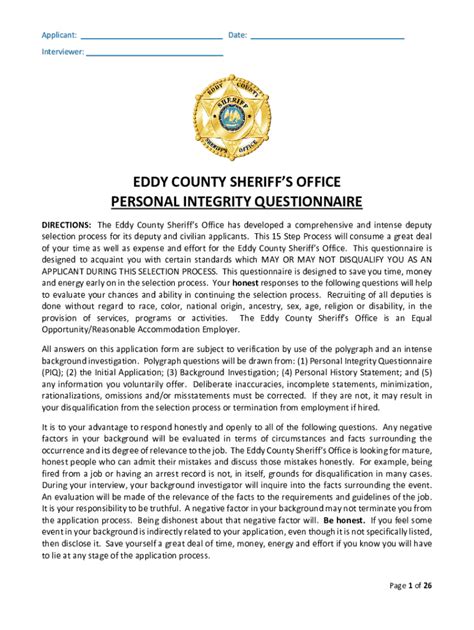 Fillable Online Eddy County Sheriffs Office Personal Integrity