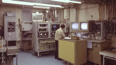 Vintage Technology Man Working With Computer And Monitors In A Retro