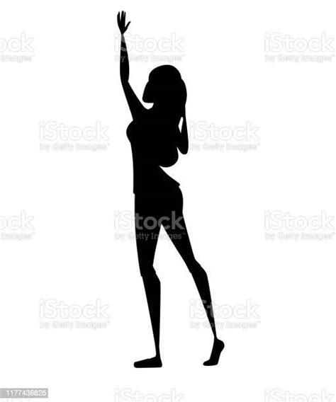 검은 실루엣 젊은 행복한 여자와 올라 올린 손 만화 캐릭터 디자인 플랫 벡터 일러스트 레이션 흰색 배경에 고립 가득 찬에 대한 스톡 벡터 아트 및 기타 이미지 Istock