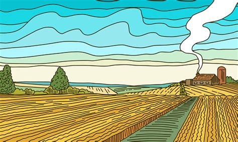 시골 산 풍경 농장 필드와 오두막 농업 과 포도원 녹색 언덕과 초원 배너 또는 웹에 대한 국가 배경 벡터 그림입니다 손 그리기 새겨진 빈티지 스케치 0명에 대한 스톡 벡터