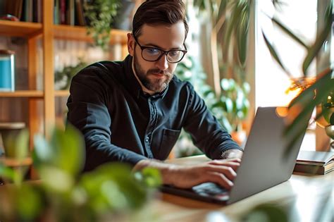 Premium Photo Man Uses A Laptop With Glasses On