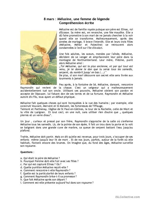 8 Mars Mélusine Une Femme De Légen Français Fle Fiches Pedagogiques