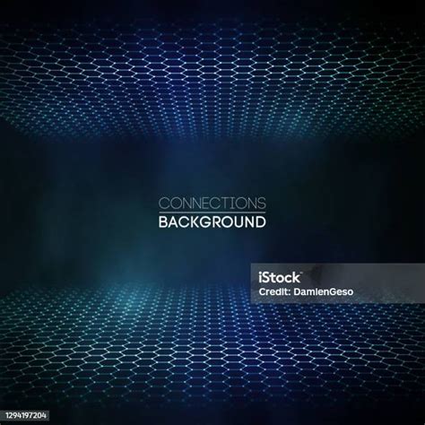 네트워크 연결 개념 블루 벡터 일러스트레이션 미래지향적육각형 은 광각 랜스케이프를 원각합니다 미래지향적인 벌집 컨셉 3d 풍경