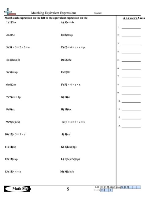 Matching Equivalent Expressions Worksheet Printable Pdf Download