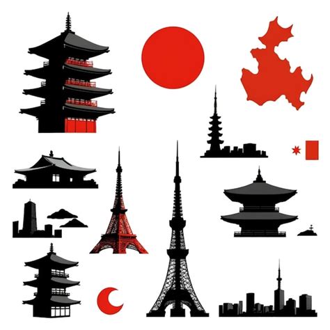 Un Conjunto De Edificios Japoneses Y Un Sol Rojo Con Un Sol Roja En La