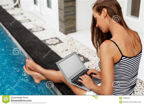 Freelance Work Concept Freelancer Woman Typing Using Laptop Computer