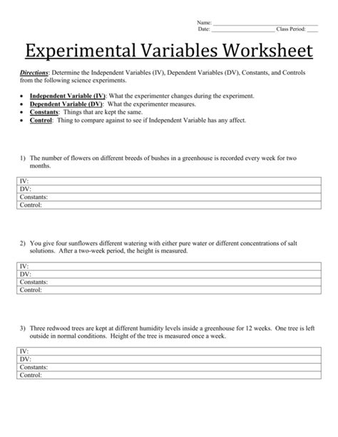 Experimental Variables Worksheet Science Practice