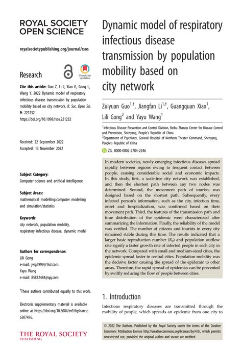 Pdf Dynamic Model Of Respiratory Infectious Disease Transmission By Population Mobility Based