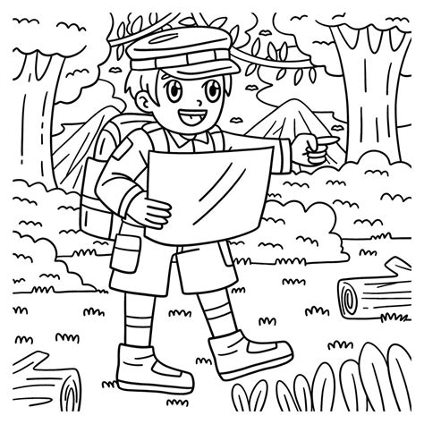 지도와 함께 캠핑 캠퍼의 귀고 재미있는 컬러 페이지는 어린이들에게 몇 시간 동안 컬러링 재미를 제공합니다이 페이지를 컬러링하는 것은 매우 쉽습니다 프리미엄 벡터