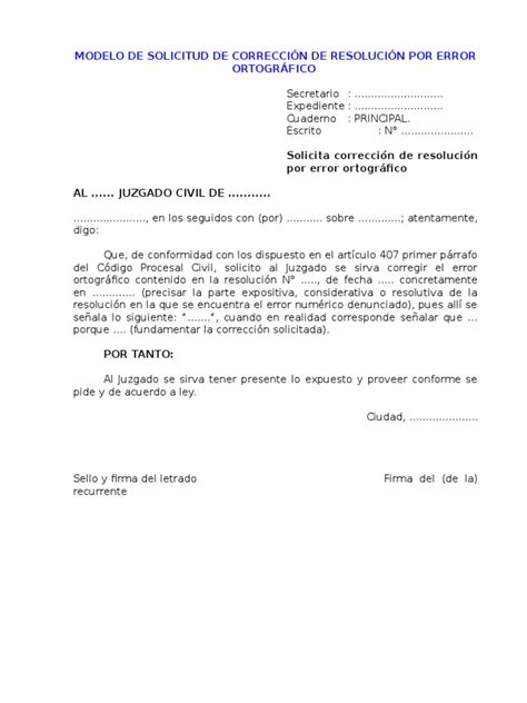 Modelo De Solicitud De Corrección De Resolución Por Error Ortográfico Pdf
