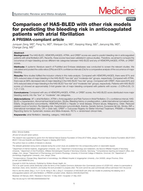 Pdf Comparison Of Has Bled With Other Risk Models For Predicting The Bleeding Risk In