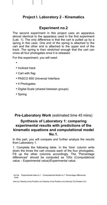 Project I Laboratory 2 Kinematics Experiment No 2