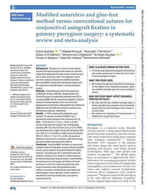 Pdf Modified Sutureless And Glue Free Method Versus Conventional Sutures For Conjunctival