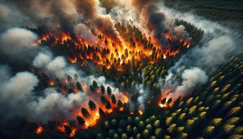 Aerial View Of Forest Fire Spreading Through Dense Trees With Thick