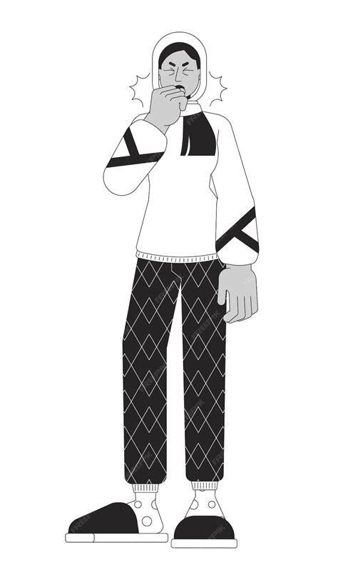 건조한 기침 병 증상 흑백 만화 평평한 일러스트레이션 무슬림 히자브 여성이 손에 기침 2d 선형 캐릭터 고립 호흡 기관지염 증상 단색 장면 ⁇ 터 윤 ⁇ 이미지 프리미엄 벡터