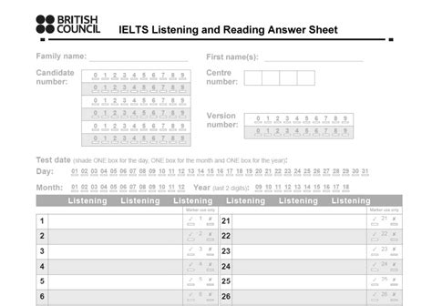Ielts Reading Answer Sheet