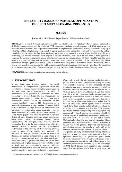 Pdf Reliability Based Economical Optimization Of Sheet Metal Forming Processes International