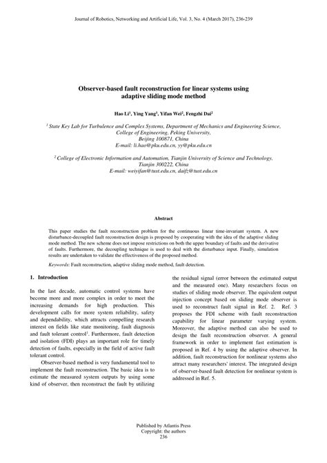 Pdf Observer Based Fault Reconstruction For Linear Systems Using