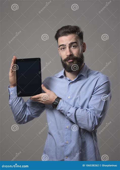 Handsome Young Bearded Programmer Advertising Application Software On