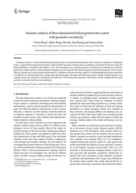 Pdf Dynamic Analysis Of Three Dimensional Helical Geared Rotor System