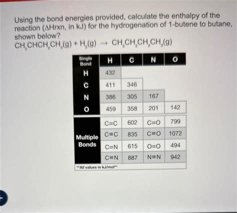 Solved Using The Bond Energies Provided Calculate The