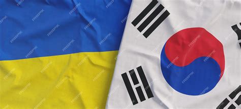 우크라이나의 국기와 한국 리넨 국기가 닫습니다 캔버스로 만든 국기 우크라이나어 키예프 한국어 서울 국가 기호 3d 그림