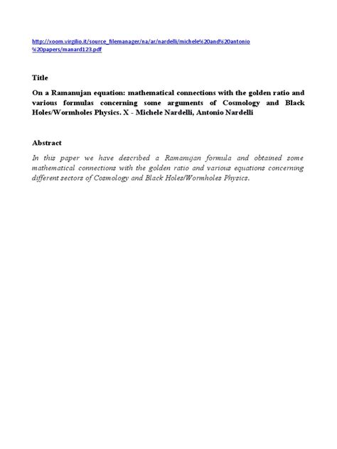 On A Ramanujan Equation Mathematical Connections With The Golden Ratio And Various Formulas