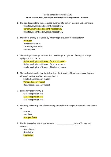 EVS MODEL QUESTION PAPER Tutorial Model Questions CE Please Read Carefully Some Questions