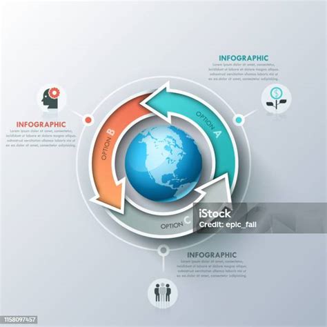 행성 아이콘 및 텍스트 상자 주위에 왜곡 3 문자 화살표와 현대 인포 그래픽 디자인 레이아웃 3가지 개체에 대한 스톡 벡터 아트 및 기타 이미지 Istock