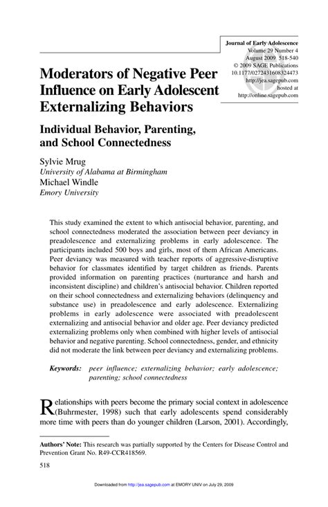 Pdf Moderators Of Negative Peer Influence On Early Adolescent