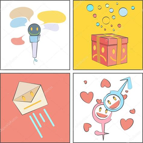 Collection Of Cute Cartoon Microphone Envelope Present And Sex Icon Vector Image By