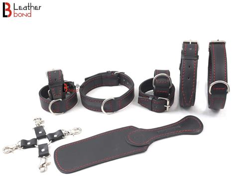 Sex Play Set Real Cow Leather Wrist Ankle Thigh Cuffs And Collar